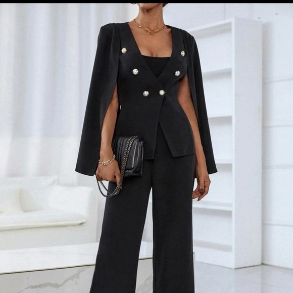 SHEIN | Jackets & Coats | Nwot Front Double Button Black Cape Blazer ...